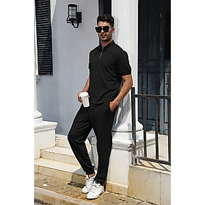 FZNHQL Men's Casual Tracksuit Polo Sets Long Sleeve Sweatshirt Jogger Sweatpants Zip Polo Golf Sports 2pcs Running Jogging Sports Top and Pants Fashion Gift Black XL