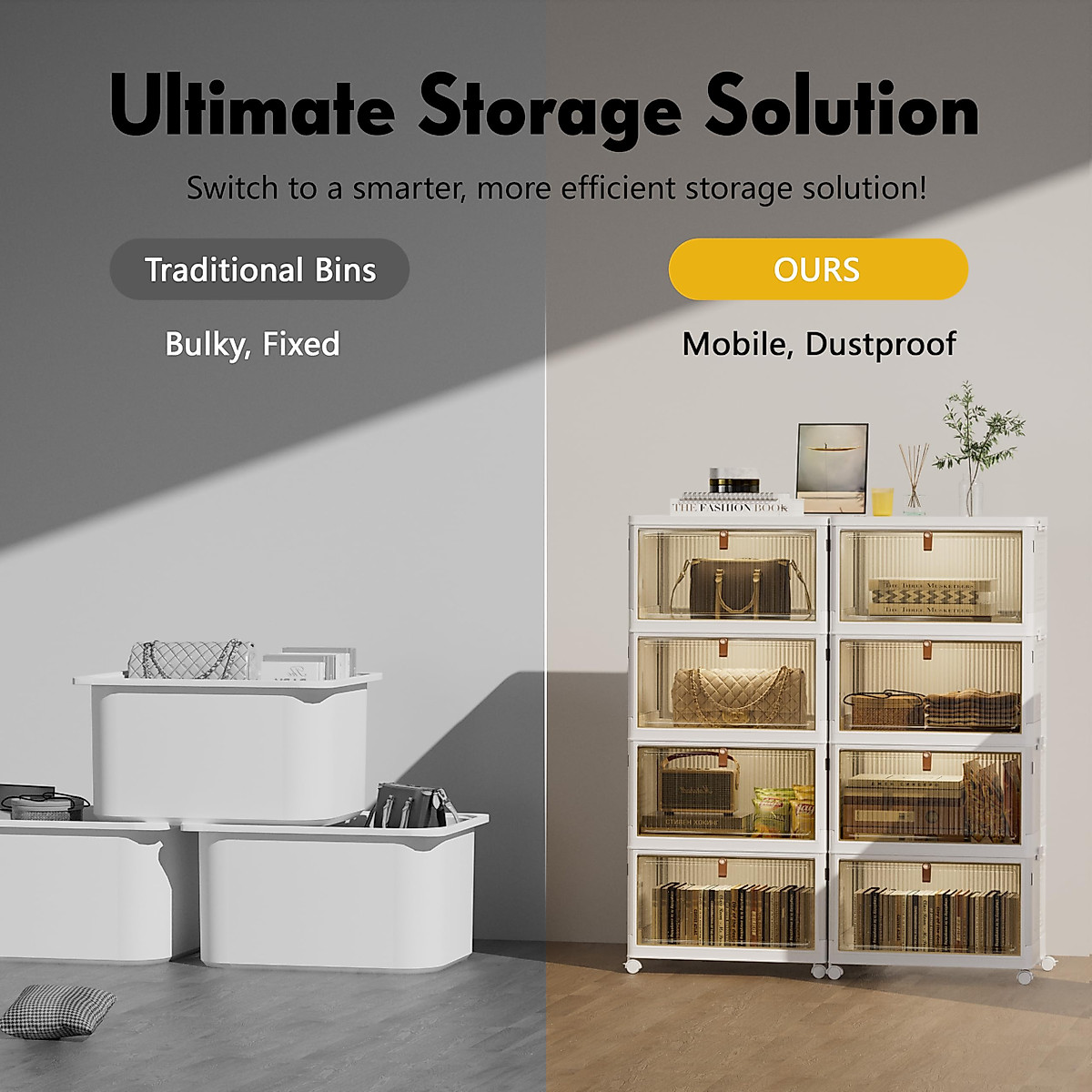 Closet Organizers and Storage, 70Qt Stackable Plastic Storage Bins with Lid, Foldable Storage Containers with Wheels, Organization and Storage Boxes for Clothes, Office Supplies, Snacks (23Qt × 3)