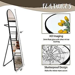 TRAHOME Arched Full Length Mirror with Foldable Clothes Rack,Large Floor Mirror with Aluminum Alloy Frame for Door Bedroom Bathroom Living Room (60x20-Black)