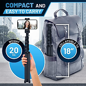 Texlar 60" Phone Tripod Stand for iPhone and iPad - Includes Wireless Remote, Cell Phone and Tablet Holders - for Camera Video Recording, Travel - T60 Pro Selfie Stick Tripod