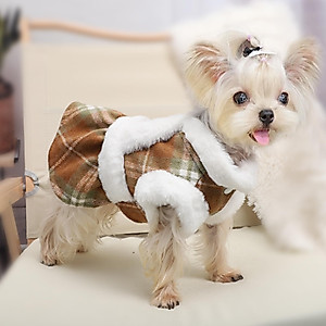 Dog Sweaters for Small Dogs Girl Dog Dress Sweater Winter Puppy Clothes Cold Weather Dog Coat Fleece Warm Pet Outfit Skirt for Chihuahua Yorkie Teacup Plaid Cat Apparel (XX-Small, Brown)