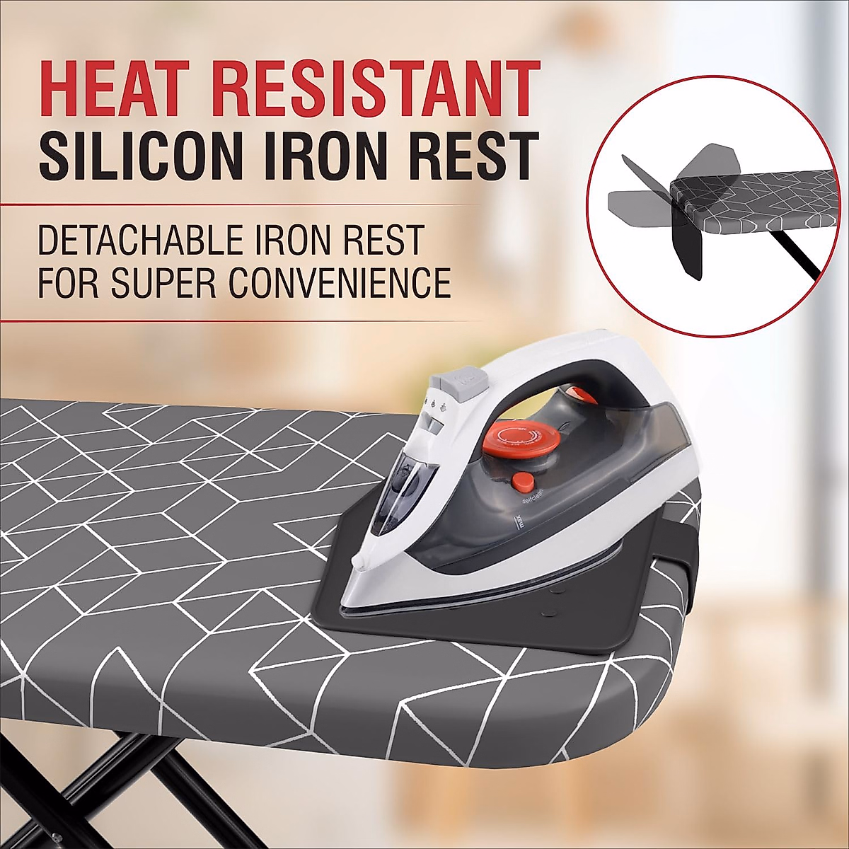 Xabitat Full Metal Ironing Board 48" X 15" with Silicon Iron Rest, Wall Mount & Closet Hanging Hook, Built-in Iron Caddy, Full Metal Heavy Duty Construction, Heat & Scorch Resistant Fabric