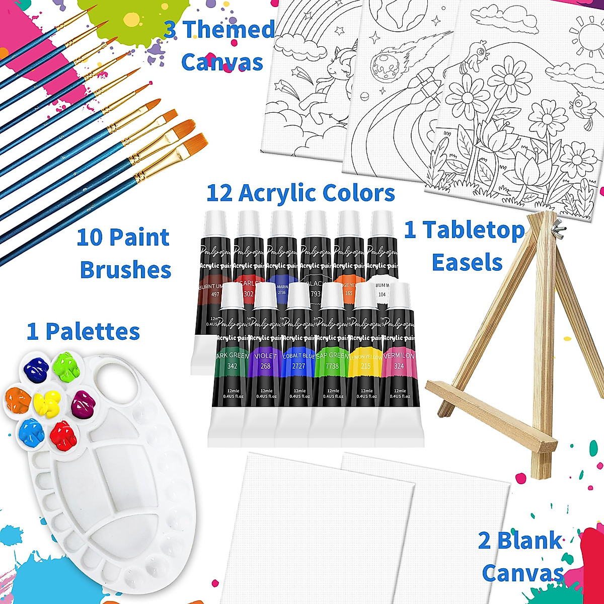 Kalysky 47PCS Kids Paint Set,Canvas Painting Kits for Kids ages 4-8,8-12,Acrylic Paint Art Supplies for Kids 9-12 with 12 Paints, 5 Canvas Panels, 18PCS Drawing Paper,10 Brushes