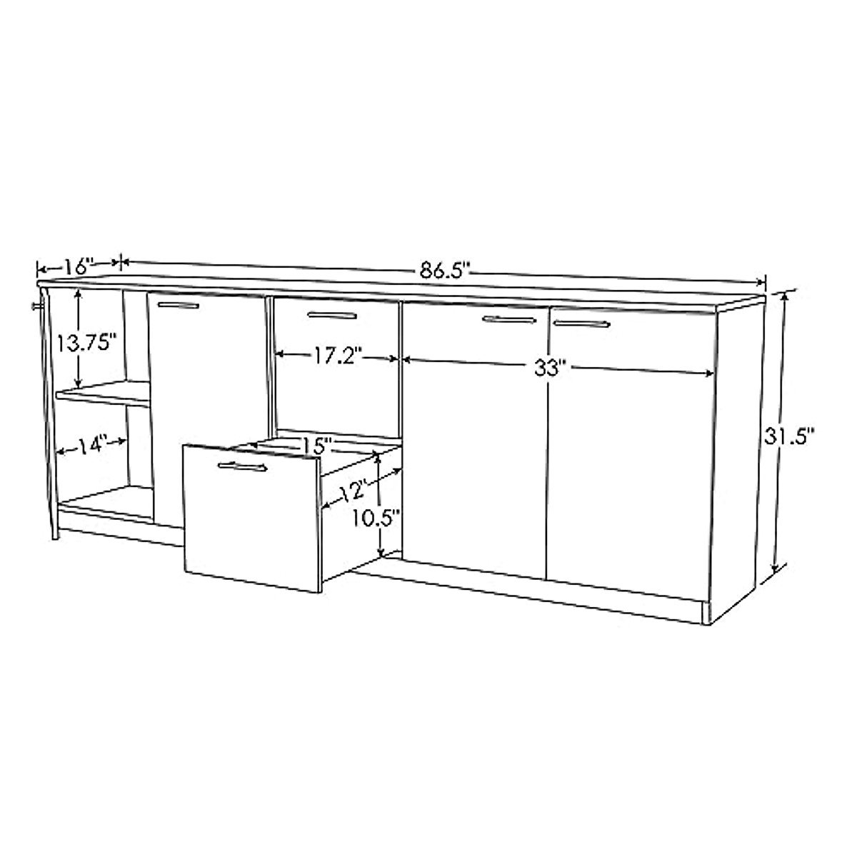 ZURI Furniture Reagan Modern Polished Office Storage and Filing Cabinet Credenza - White