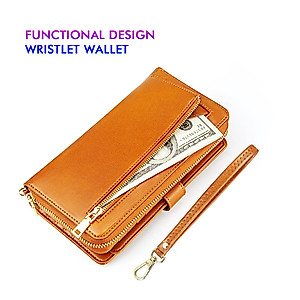 nuoku Wallet for Women RFID Blocking Credit Card Holder with Large Capacity Leather Wristlet (Brown)
