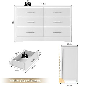 HOSATCK 6 Drawer Dresser, Modern White Double Dresser, Wide Chest of Drawers with Metal Handels, Accent Wood Storage Dresser Chest Organizers for Living Room, Hallway, Entryway (Trapezoid/White)