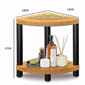 Corner Shower Stool with Storage Shelf,Waterproof Bamboo Corner Shower Seat for Bathroom,Sturdy and Non-Slip Shower Bench for Shaving Legs,Height Adjustable Metal Chair legs with Anti Slip Pad (Brown)