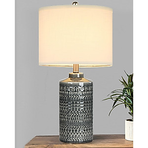 Modern Ceramic Table Lamp, 24.5" Living Room Lamps 3-Way Dimmable Gray Nightstand Lamp with White Shade|Tall Bedside Lamp Desk Decor Lamps for Bedrooms Farmhouse Office End Table Lamps(Bulb Included)