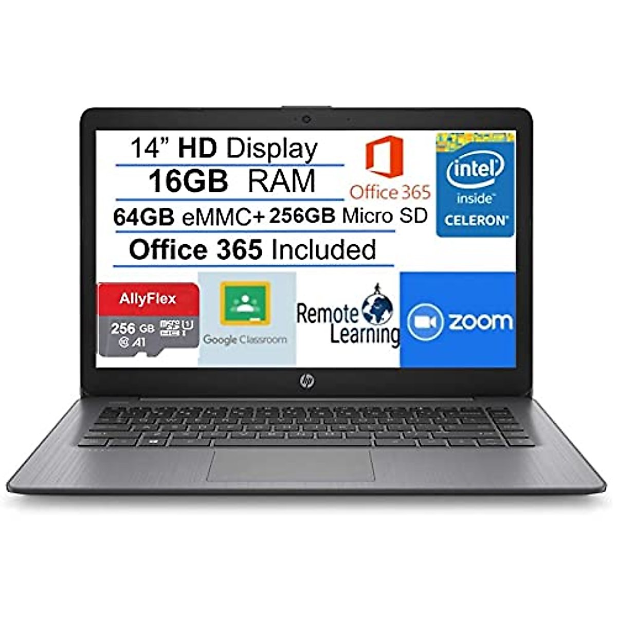 Newest HP Stream 14" HD SVA Laptop Computer, Intel Celeron N4000 Processor, 16GB RAM, 320GB Space(64GB eMMC+256GB MSD), Office 365, HDMI, Bluetooth, Windows 10, Black, AllyFlex MP, Online Class Ready