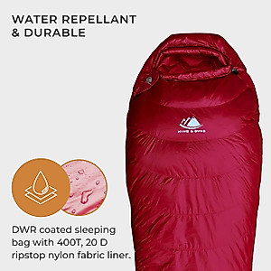Hyke & Byke Quandary 15 F Hiking & Backpacking Sleeping Bag - 3 Season, 650FP Duck Down Sleeping Bag - Ultralight - Maroon - 72in - Short