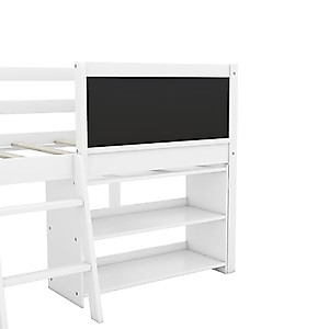 Low Loft Bed with 2 Movable Storage Shelves,Loft Bed with Chalkboard and Ladder,Twin Loft Bed Frames for Kids,Kids Twin Bed Frame Kid Bed Loft Bed for Kids,No Box Spring Needed,White