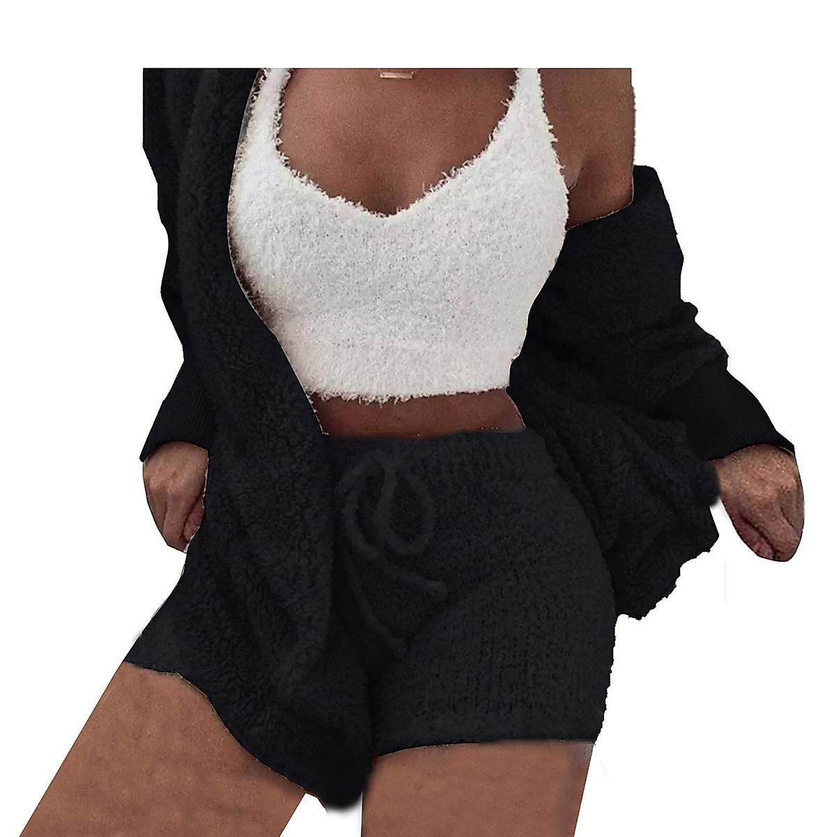 Famnbro Womens Fuzzy Sweater Sets Sexy 3 Piece Outfits Fleece Coat Jacket Tank Top Shorts Set C-black