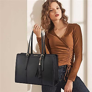 LOVEVOOK Laptop Bag for Women 15.6 inch Waterproof Leather Laptop Tote Bag with Clutch Purse,Large Capacity Laptop Purse for Work,Office,Business,Travel,College,Casual(Black)