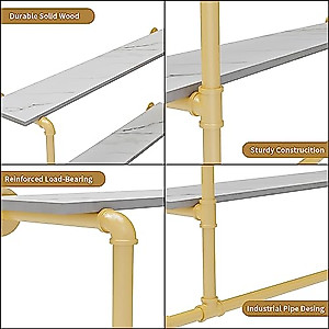 MOUTIK Wall Clothing Rack Gold - 46" Long Industrial Pipe Garment Rack with 2 Tier Shelves, Heavy Duty Iron Clothes Rod Retail Display for Bedroom, Laundry