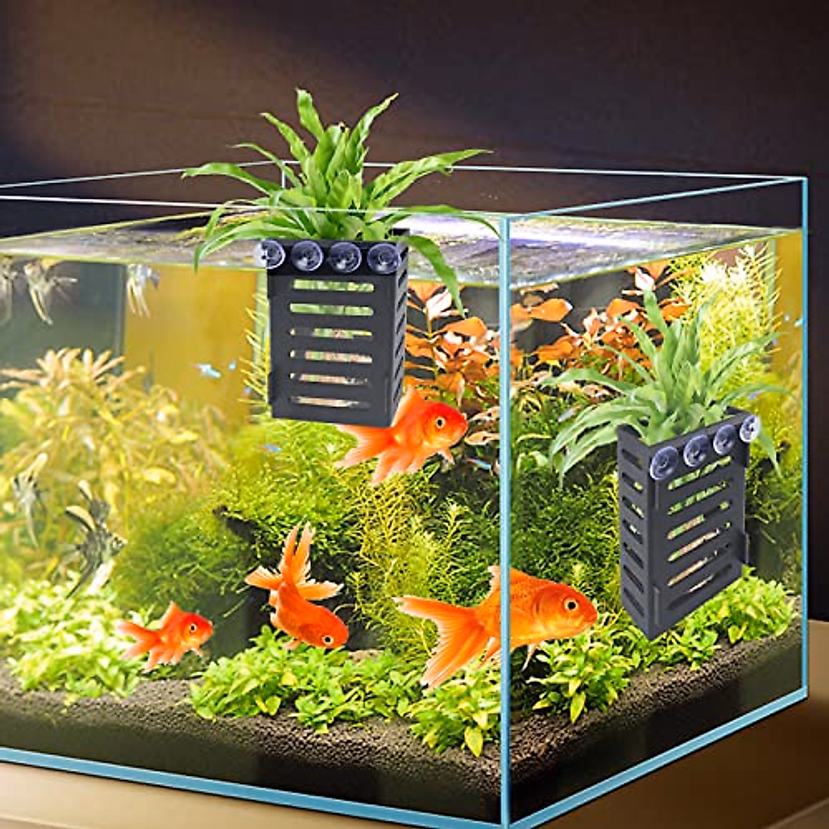 Uprony Aquarium Plant Holder 4 PCS Hanging Aquatic Plant Pot with 24 Hooks and 20 Suction Cups for Fish Tank Aquarium Planter and Aquascape Decorations (Black)