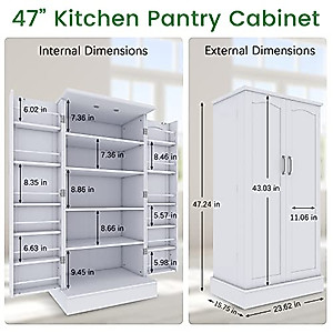 Jehiatek 47” Kitchen Pantry Cabinet, White Freestanding Buffet Cupboards Sideboard with Doors & Adjustable Shelves, Kitchen Pantry Storage Cabinet for Kitchen, Living Room and Dinning Room
