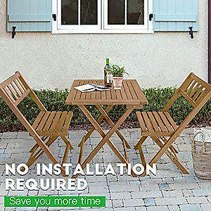 FDW 3-Piece Acacia Wood Folding Patio Bistro Set Outdoor Bistro Set Table and Chairs Set with 2 Chairs and Square Table for Pool Beach Backyard Balcony Porch Deck Garden Wooden Furniture, Natural