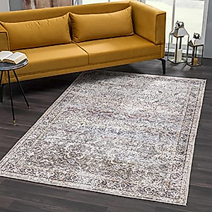 Hauteloom Holi Collection Shiraz - Machine Washable Oriental Persian Living Room Kitchen Bedroom Dining Room Area Rug - Neutral Vintage Distressed Boho Style - Beige, Red, Olive Green - 9'2"x12'