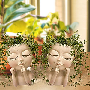 hismocal 2 Pack Face Planters Pots Head, Resin Face Flower Pot Head Planter Indoor/Outdoor for Home Decor As Friends Gifts, Succulent Pots with Drainage Hole Closed Eyes(Large Size)