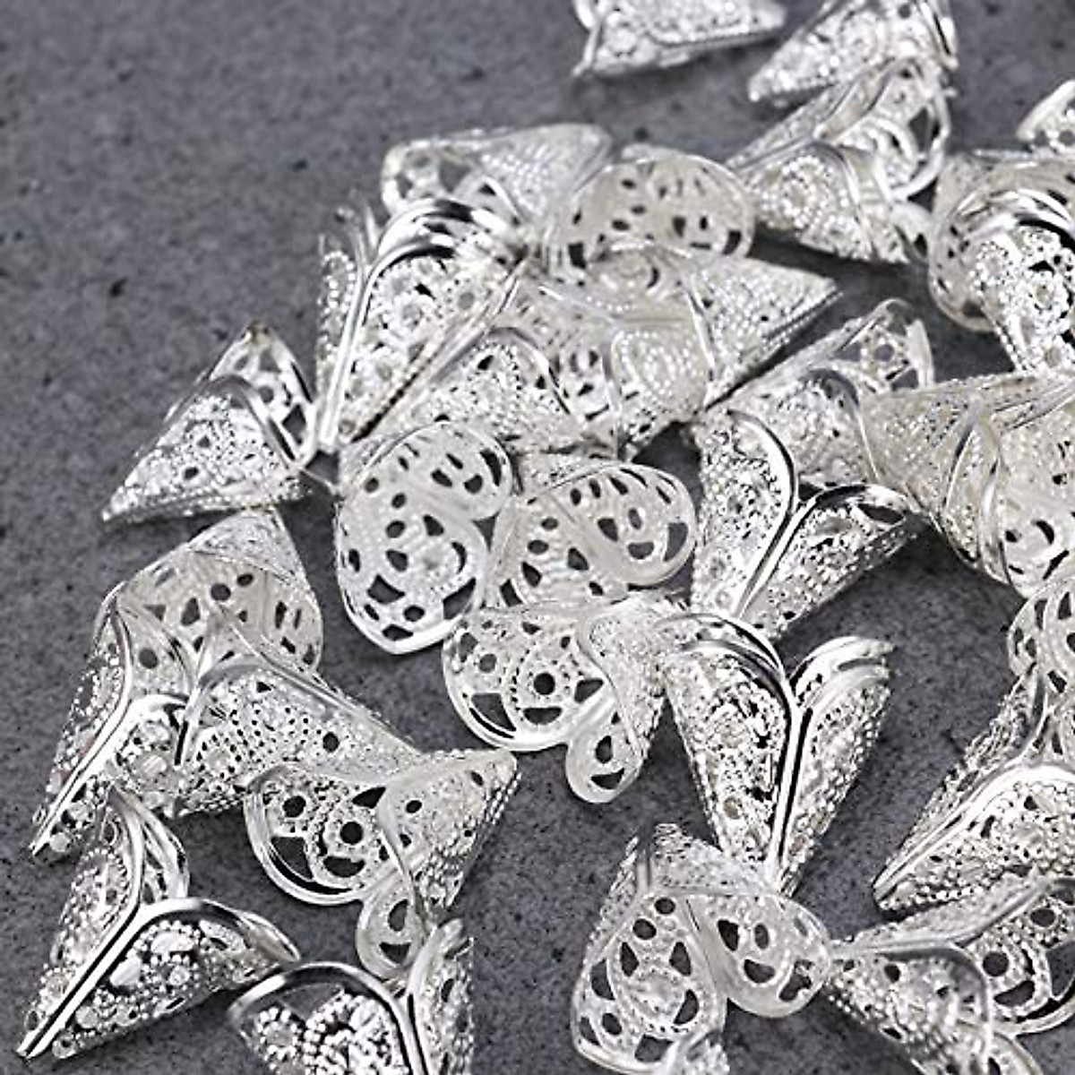 Artibetter 50pcs Metal Flower Filigree Bead Cones Jewelry End Caps Spacer Beads Jewelry Findings Charms for DIY Craft Bracelet Necklace Making 15x16mm (Silver)