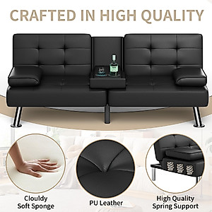 Acurax Futon Sofa Bed, Modern Faux Leather Convertible Folding Lounge Couch for Living Room with 2 Cup Holders Removable Soft Armrest and Sturdy Metal Legs, Black
