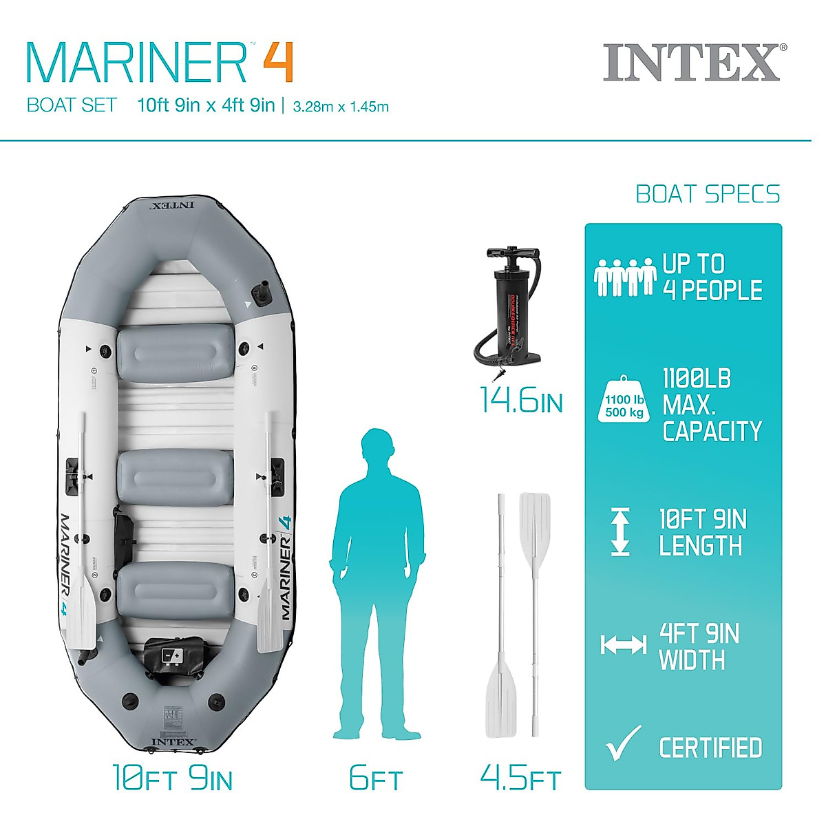 INTEX 68373EP Mariner 3 Inflatable Boat Set: Includes Deluxe 54in Boat Oars and High-Output Pump – Wear-Resistant Keel – Removable Fishing Rod Holders – 3-Person – 880lb Weight Capacity