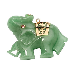 PalmBeach 14K Yellow Gold Genuine Green Jade and Round Genuine Pink Sapphire Lucky Elephant Charm Pendant Pendant (32mm)