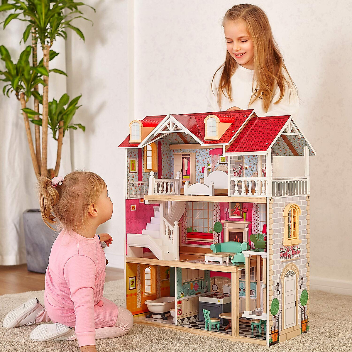 TOP BRIGHT Wooden Dollhouse for Toddlers Dream Doll House for 3+ Year Old