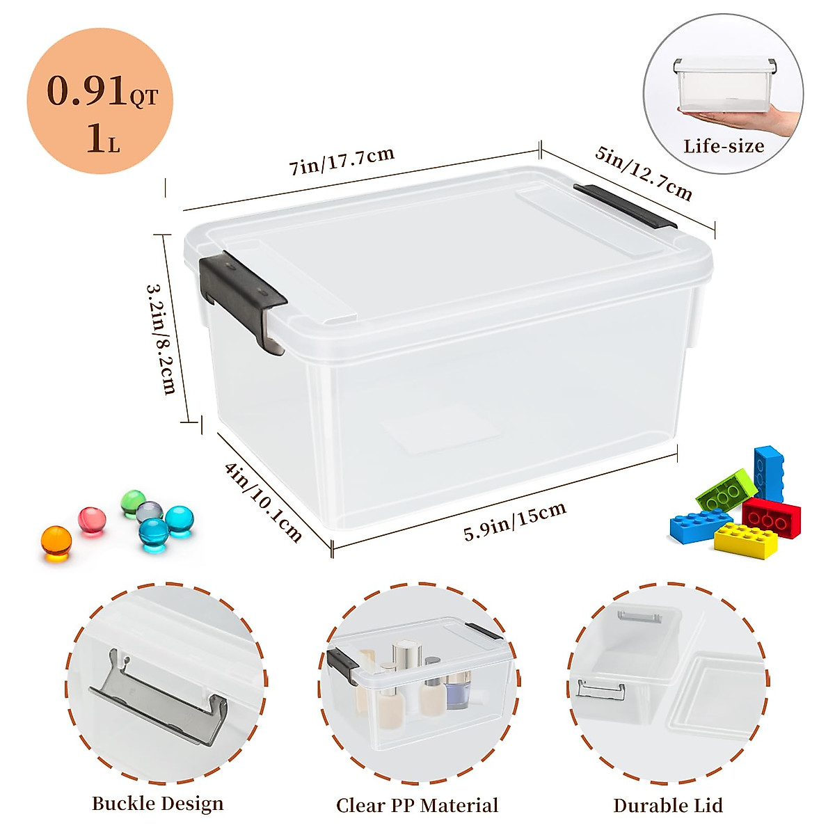 FLMOUTN 8Pcs Small Clear Storage Bin with Lid, Stackable Small Storage Bins with Secure Latching Buckles, 0.91 Qt / 1 Liter Clear Storage Boxes for Organizing Kid's Toy Crafts