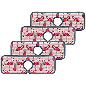Kitchen Faucet Absorbent Mat 4 Pieces Summer Flamingo Pineapple Faucet Sink Splash Guard Bathroom Counter and RV,Faucet Counter Sink Water Stains Preventer
