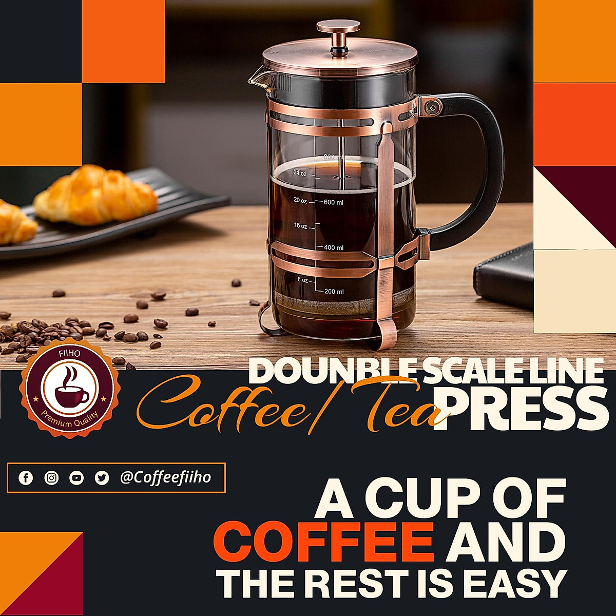 French Press Coffee Tea Maker（34oz）,304 Stainless Steel Coffee Press with 4 Filters Screen-100% No Residue -German Heat-Resistant Borosilicate Glass- BPA FREE -Dishwasherable，Copper