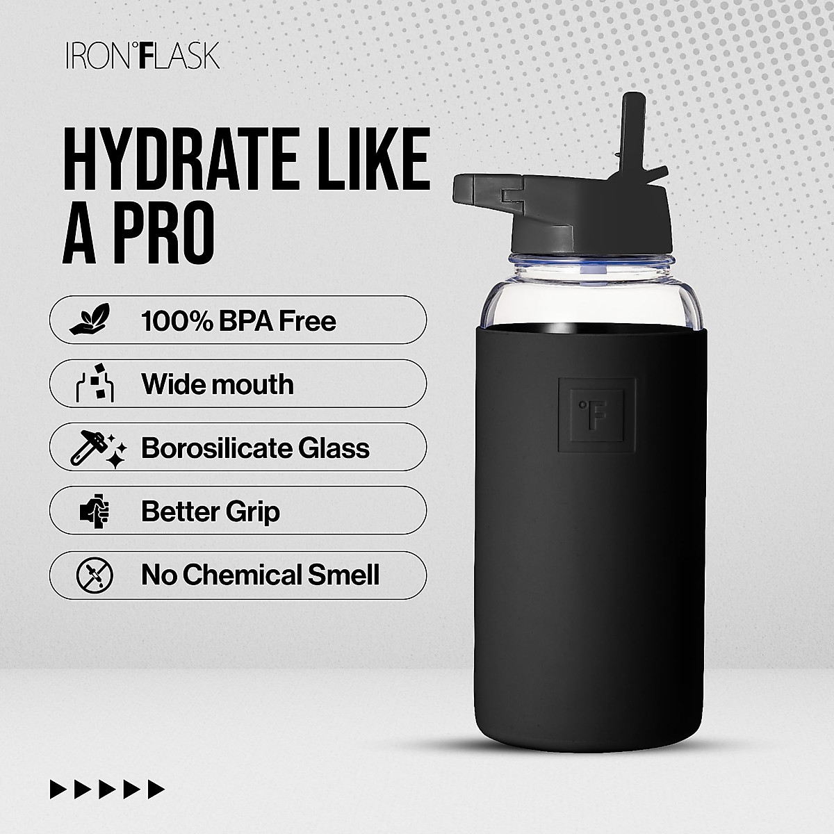 IRON °FLASK Glass Sports Water Bottle - Straw Lid, Airtight Leak Proof, Vacuum Insulated, Bosilicate Glass, Silicone Sleeve, Retains Temperature - Midnight Black, 32 Oz