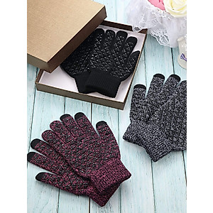 SATINIOR 4 Pairs Winter Knit Touchscreen Gloves Warm Texting Gloves Elastic Anti-slip Gloves for Adults (Black, Black Red, Black White, Navy, M)