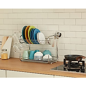 Naturous Dish Drying Rack 2 Tier, Kitchen Dish Rack with Drainboard