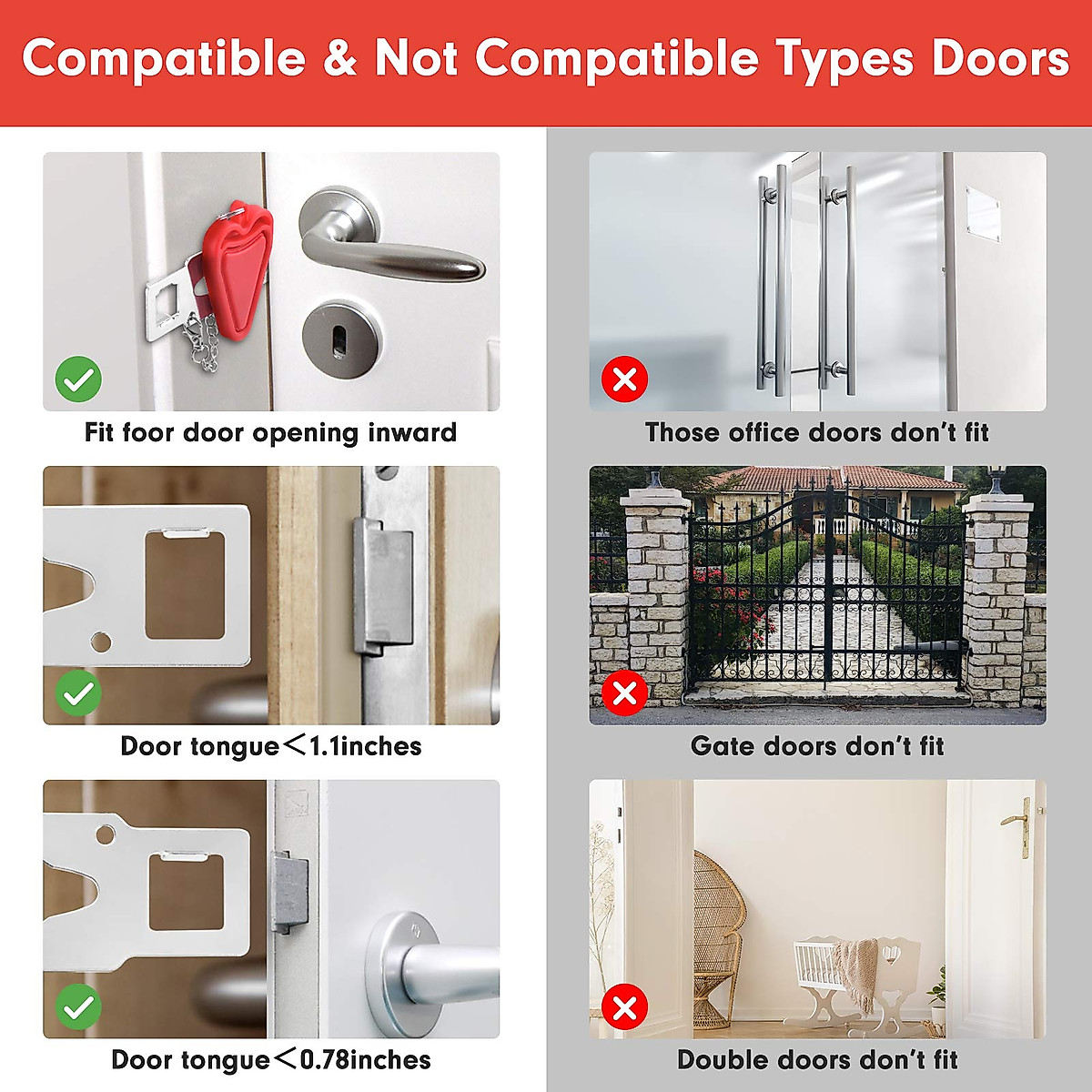 Portable Door Lock,Stainless Steel Travel Door Lock for Security,Portable Security Door Stop (Red)