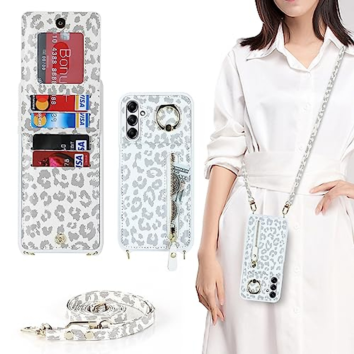 Jaorty Samsung Galaxy A14 5G Phone Case for Women with Card Holder,Crossbody Phone Case for Samsung Galaxy A14 with Strap Lanyard,Credit Card Slots Kickstand Case with Ring Holder,White Leopard