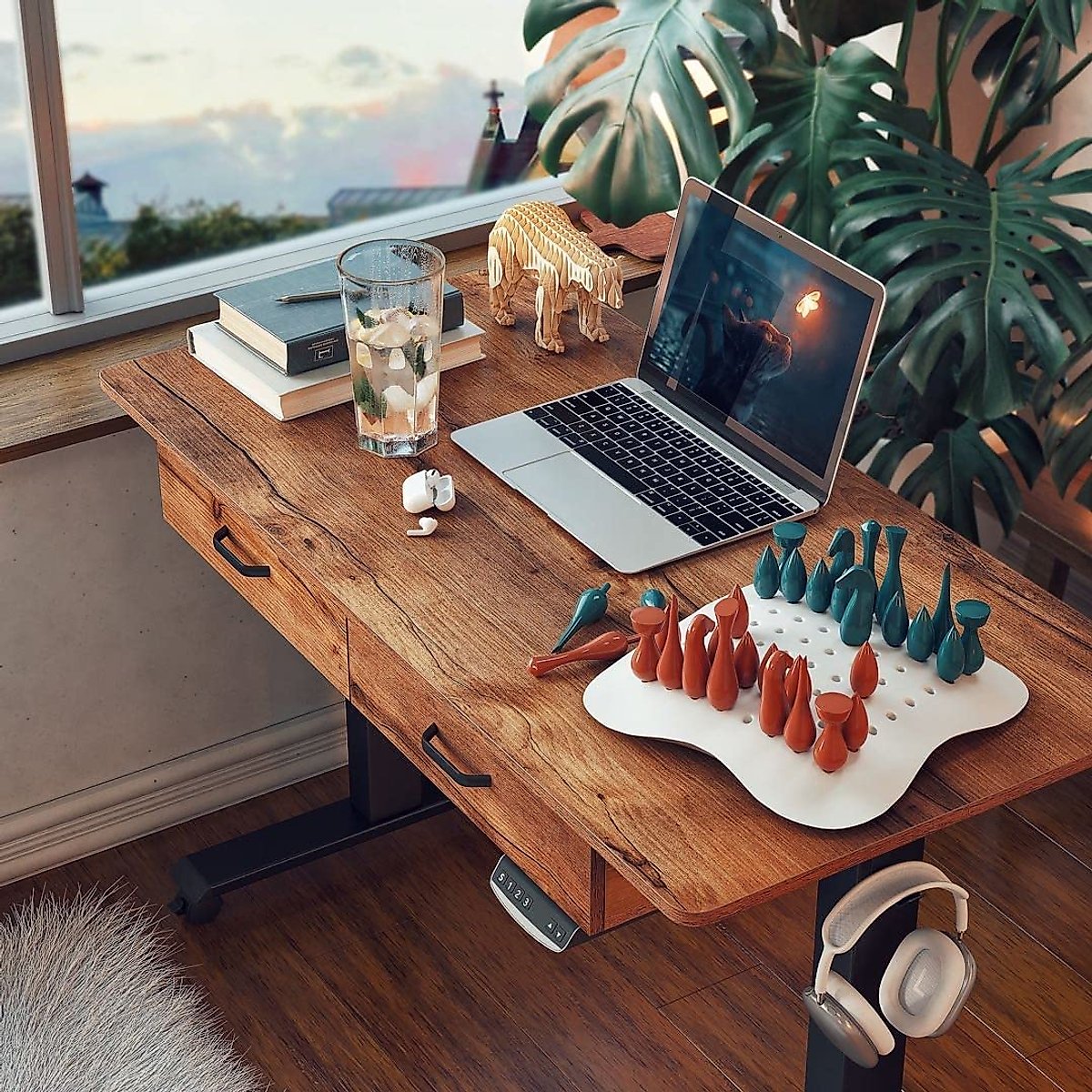 FEZIBO Height Adjustable Desk with 2 Drawers Storage and 3-Drawer Rolling Filing Cabinet