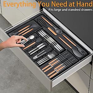 Homecor Silverware Organizer - Expandable Large Kitchen Drawer Organizer Utensil Organizer with 2 Removable Knife Blocks, 22"x 19"Cutlery Tray Drawer Dividers for Kitchen Flatware(6-9 Slots) (Black)