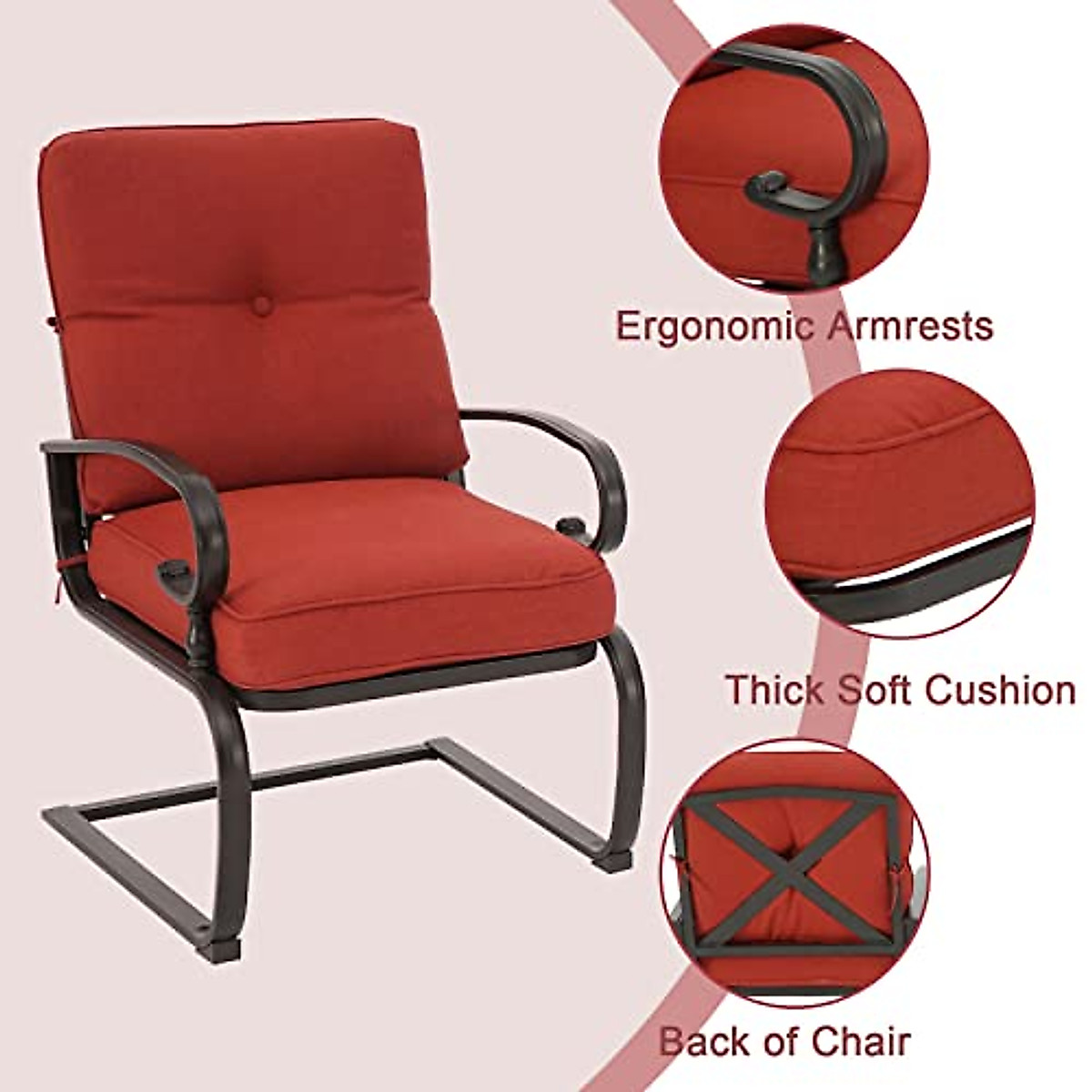 CrownLand 3 Piece Patio Furniture Outdoor Bistro Set Metal Action Lounge Cushioned Chairs and Bistro Round Table Set, Wrought Iron Cafe Furniture Set,Red