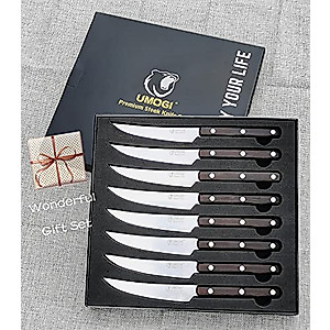 UMOGI Premium Steak Knives Set of 8 in Gift Box - Full Tang Wenge Wood Handle - HC German Stainless Steel, Straight Edge Non Serrated 4.5''Dinner Knife, Kitchen Tableware Knives Cutlery Set