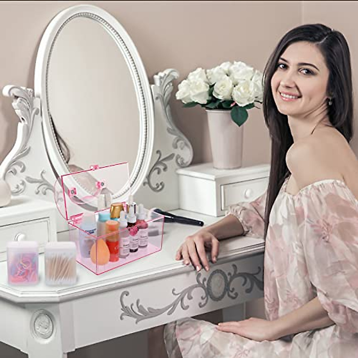 Plastic Square Storage Bin-Cabinet,Gift Box Portable Vanity Organizer with Secure Lid and Handle, Clear Container Box for Toiletries (1 Red Box + 2 Smaill Boxs)