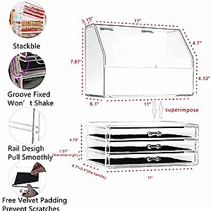 Cq acrylic Cosmetic Display Cases With LId Dustproof Waterproof for Bathroom Countertop Stackable Clear Makeup Organizer and Storage With 3 Drawers,Set of 2