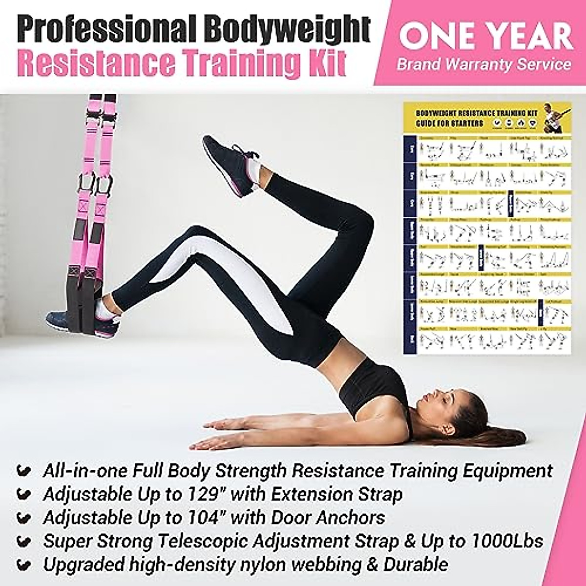 Home Resistance Training Kit, Pink Resistance Trainer Exercise Straps with Handles, Door Anchor and Carrying Bag for Home Gym, Bodyweight Resistance Workout Straps for Indoor & Outdoor