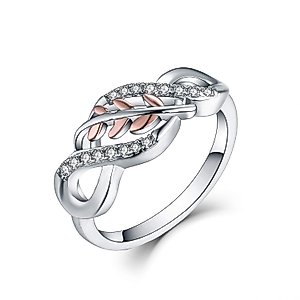 JO WISDOM 925 Sterling Silver Cubic Zirconia Rose Gold Leaf Infinity Knot Ring Size 7