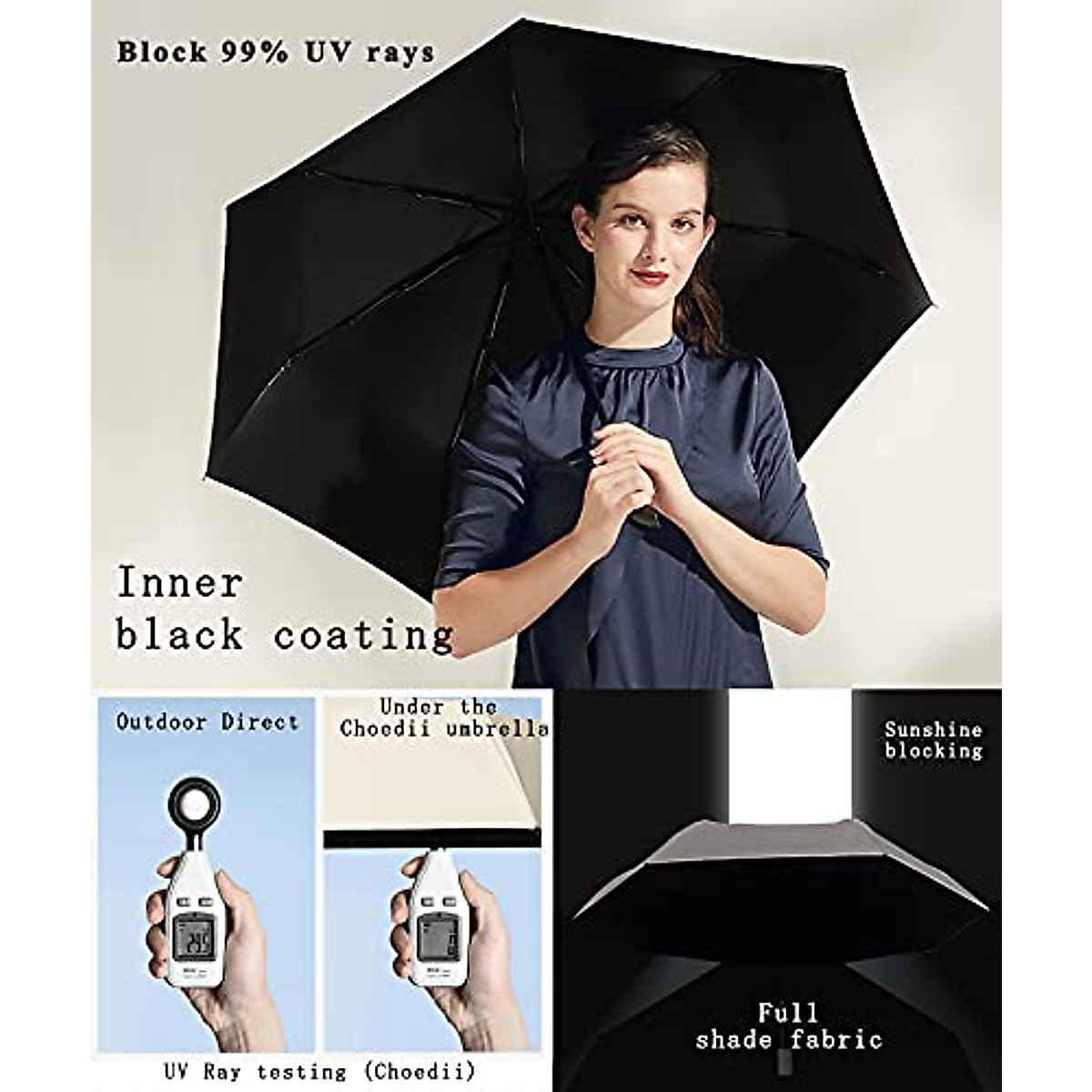 choedii Sun Umbrella UV protection Compact Portable Ultra light Weight Parasol Travel Rain Umbrella For Walking Women Waterproof Folding Umbrella 8 Ribs 0.59 Lbs (Black Manual)