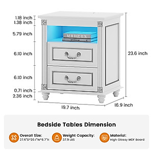 SKKTKT Night Stand with Charging Station, Nightstands with 3 Color LED Lights, Side Table with 2 Drawers Storage, Bedside End Table with Outlets and USB Ports for Bedroom, White