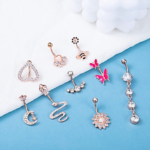 NICEIGHT 9PCS Stainless Steel Belly Button Rings Dangle Belly Rings for Women Heart Moon Snake Flower Navel Rings Body Jewelry Piercing Rose Gold