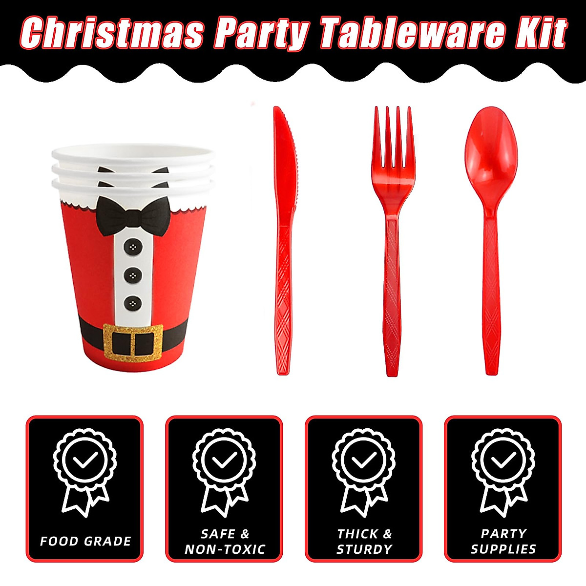 Kepeel 168 Pcs Santa Christmas Party Decorations, Santa Claus Suit Party Paper Plates Napkins Cups, Plastic Forks Knives Spoons Supplies for Winter Holiday Merry Christmas Party Disposable Tableware