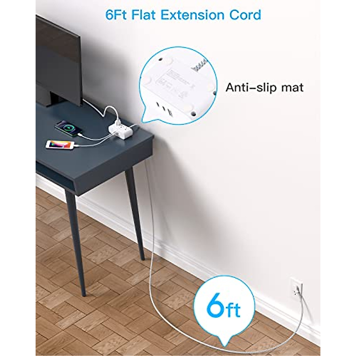 Flat Plug Power Strip, 6 Ft Ultra Thin Flat Extension Cord, 3 Outlets 3 USB Ports(2 USB C) Multi Plug Outlet Extender with No Surge Protector for Cruise Ship, Travel, Dorm Room Essentials