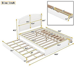 BOVZA Queen Size Platform Bed Frame with Headboard, Twin Size Trundle and 2 Drawers, White